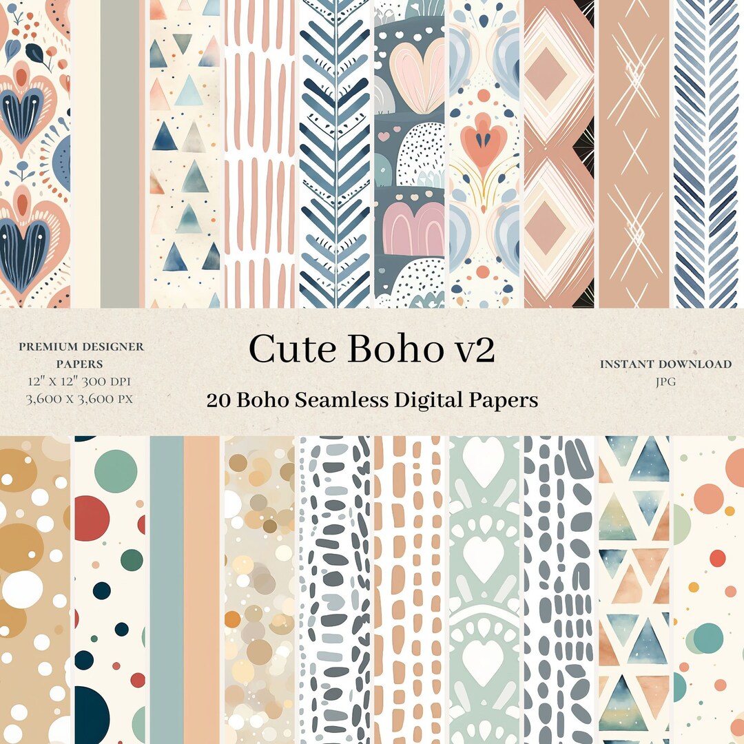 20 Cute Boho Digital Papers - Commercial Use, Scrapbook Paper ...