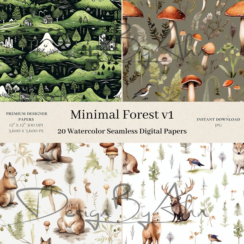 20 Minimal Forest Digital Papers - Watercolor Seamless Pattern, Junk ...