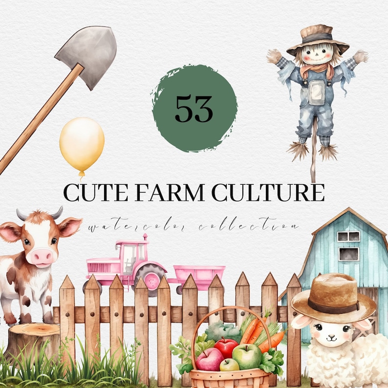53 Cute Farm Culture Clipart Set - Transparent Background, Digital PNG ...