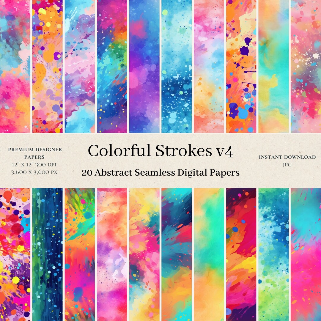 20 Colorful Strokes Digital Papers - Watercolor Scrapbook, Seamless ...