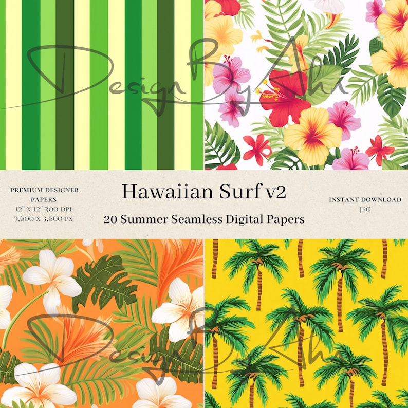 20 Hawaiian Surf Digital Papers - JPG, Tropical Seamless Pattern, Surf ...