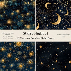 20 Starry Night Digital Papers - Gold & Navy Watercolor Scrapbook ...
