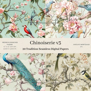 20 Chinoiserie Digital Papers - Flower Scrapbook, Seamless Digital ...