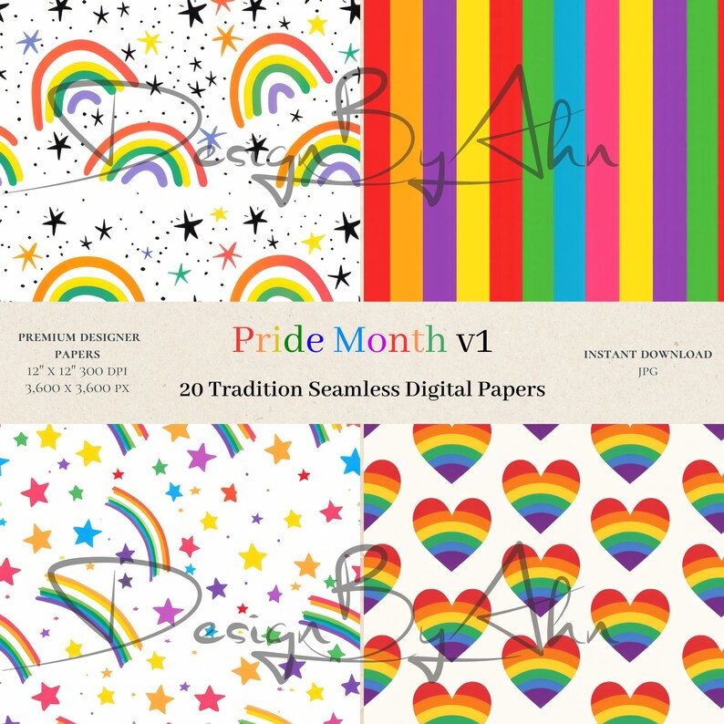 20 Pride Month Digital Papers - LGBTQ+ Seamless Digital Paper, Rainbow Repeat Pattern, Scrapbook ...