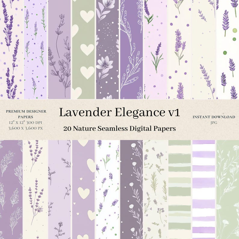 20 Lavender Elegance Digital Papers - Lilac Seamless Digital Paper ...
