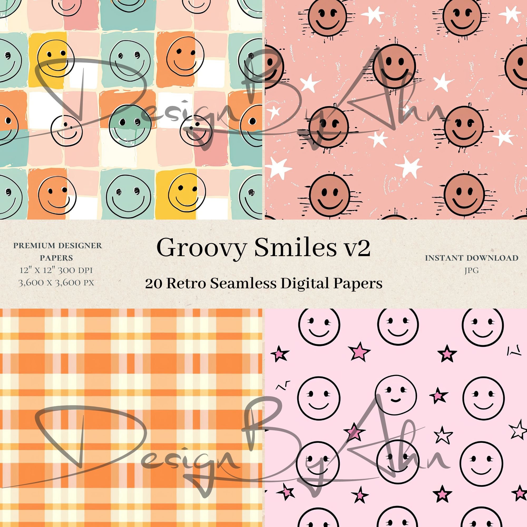 20 Groovy Smiles Digital Papers Seamless Patterns, Commercial Use ...