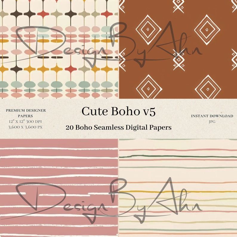 20 Cute Boho Digital Papers - Commercial Use, Scrapbook Paper ...