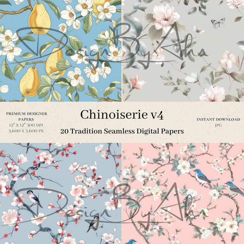 20 Chinoiserie Digital Papers - Flower Scrapbook, Seamless Digital ...