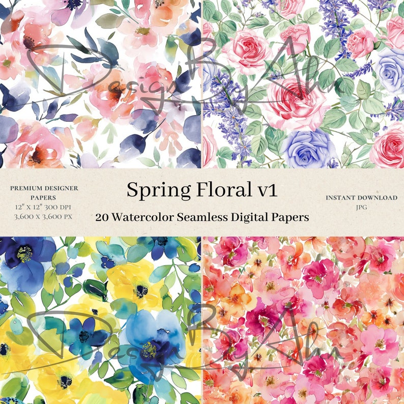 20 Spring Floral Digital Papers - Watercolor Scrapbook, Seamless ...