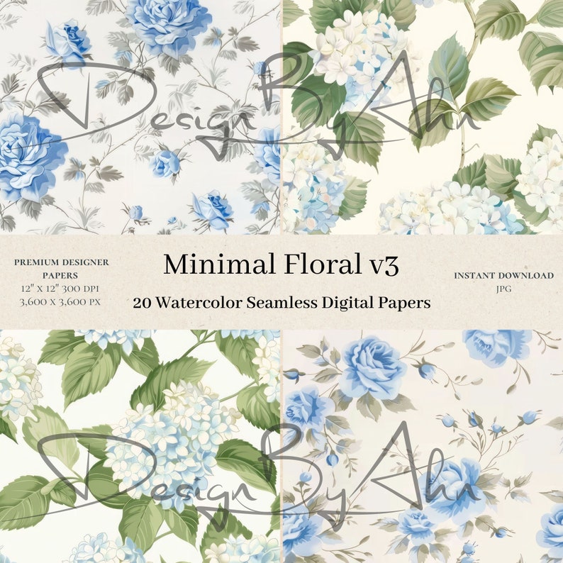 20 Minimal Floral Digital Papers Flower Scrapbook, Watercolor Seamless ...