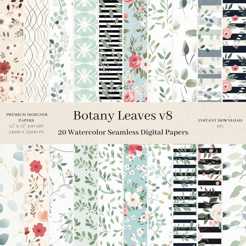 20 Botany Leaves Digital Papers - Eucalyptus Scrapbook, Flower Seamless ...