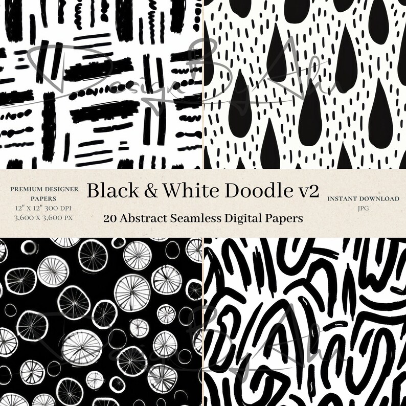 20 Black & White Doodle Digital Papers - Doodle Scrapbook, Hand Drawn ...