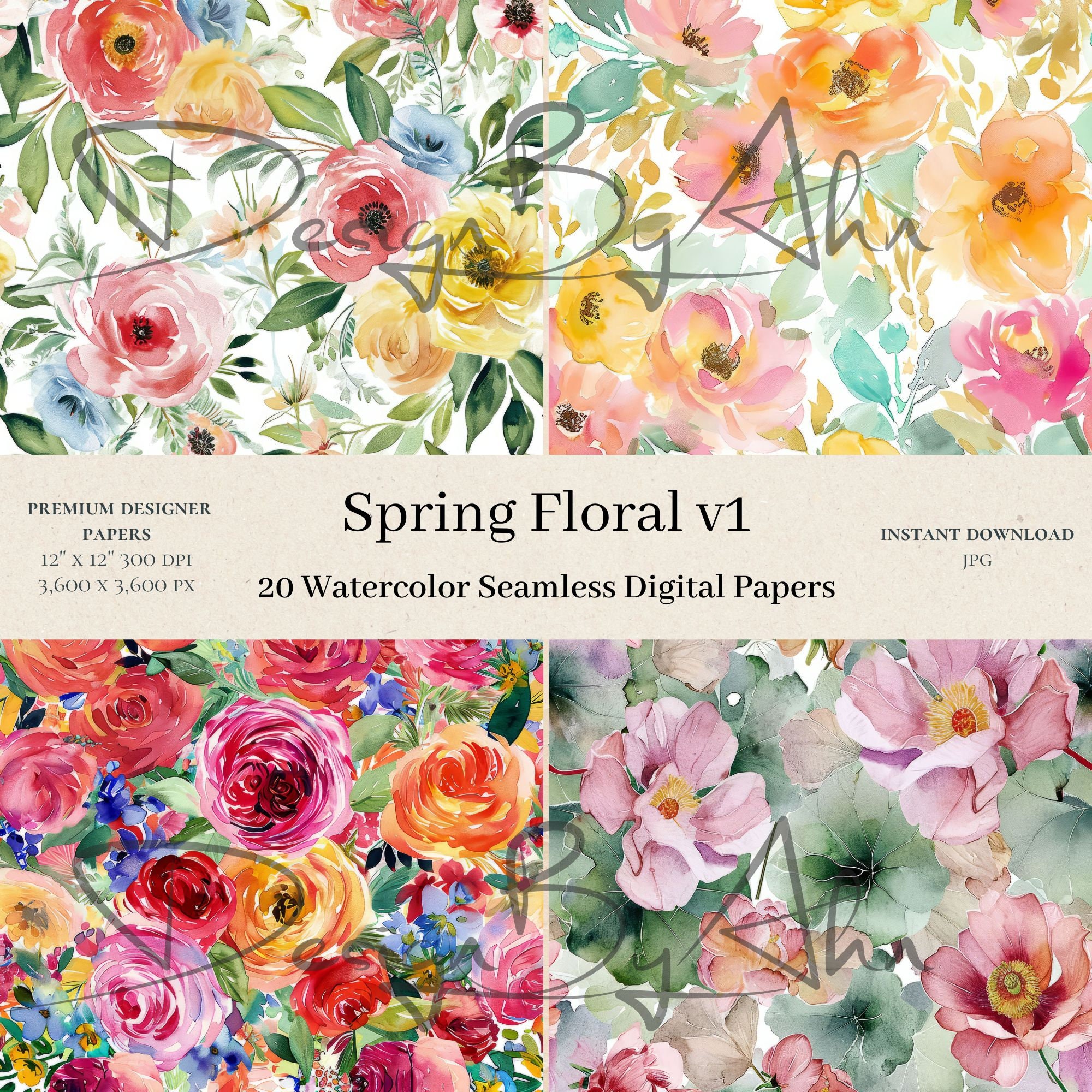 20 Spring Floral Digital Papers Watercolor Scrapbook, Seamless Digital ...