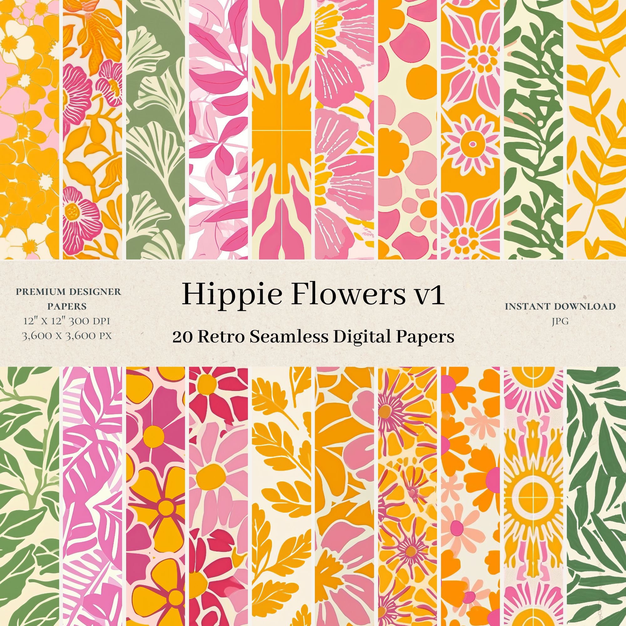 20 Hippie Flowers Digital Papers - Seamless Patterns, Commercial Use ...