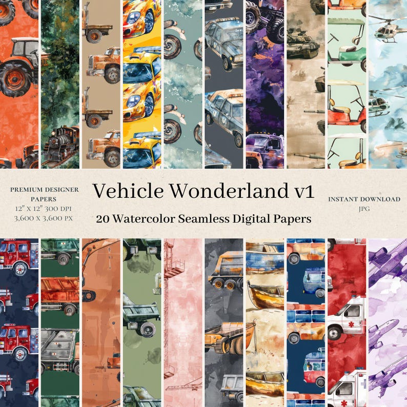 20 Vehicle Wonderland Digital Papers - Watercolor Seamless Pattern ...