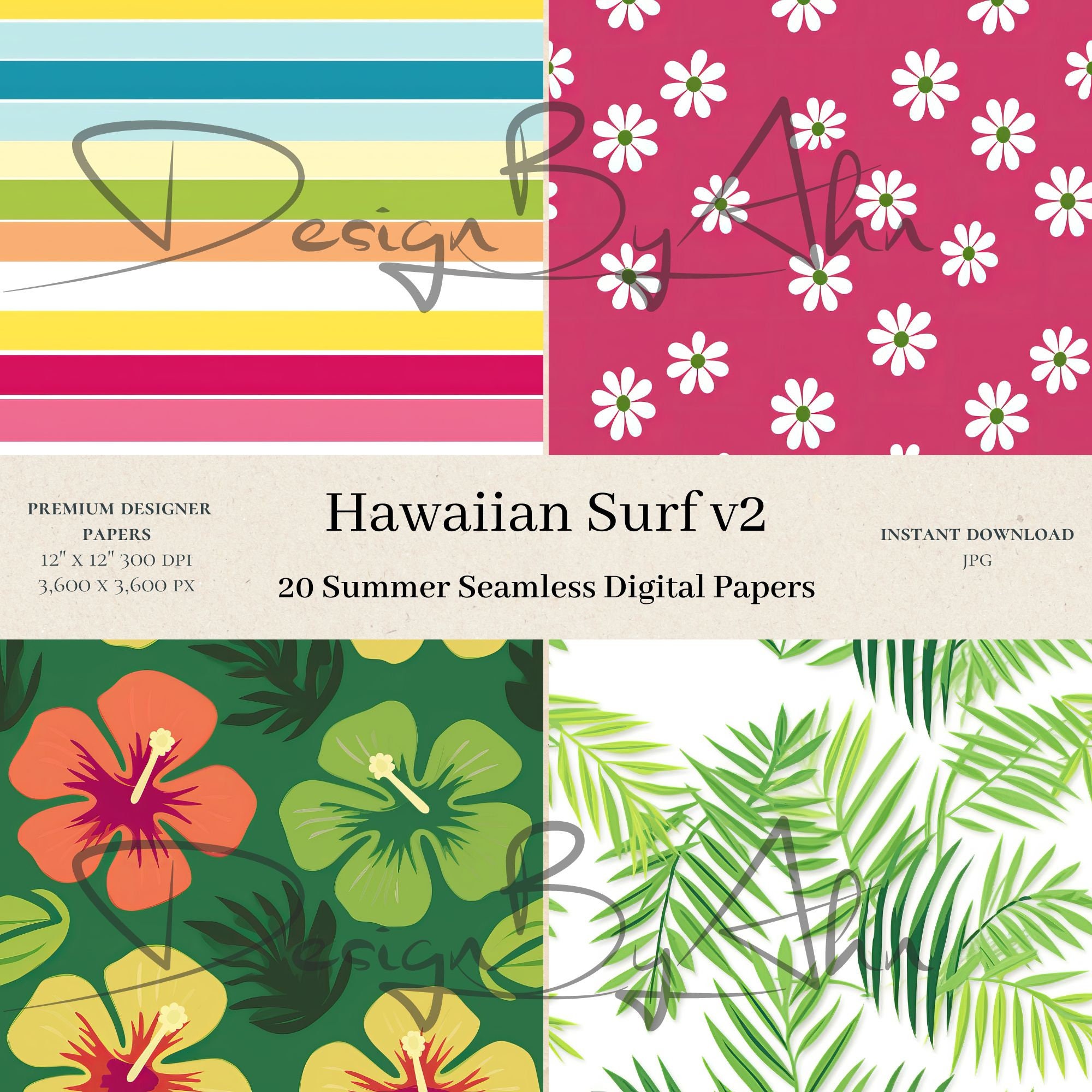 20 Hawaiian Surf Digital Papers - JPG, Tropical Seamless Pattern, Surf ...