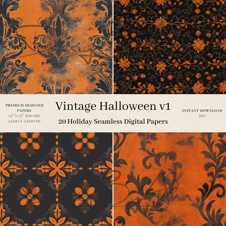 20 Vintage Halloween Digital Papers - Gothic Seamless Pattern, Black ...