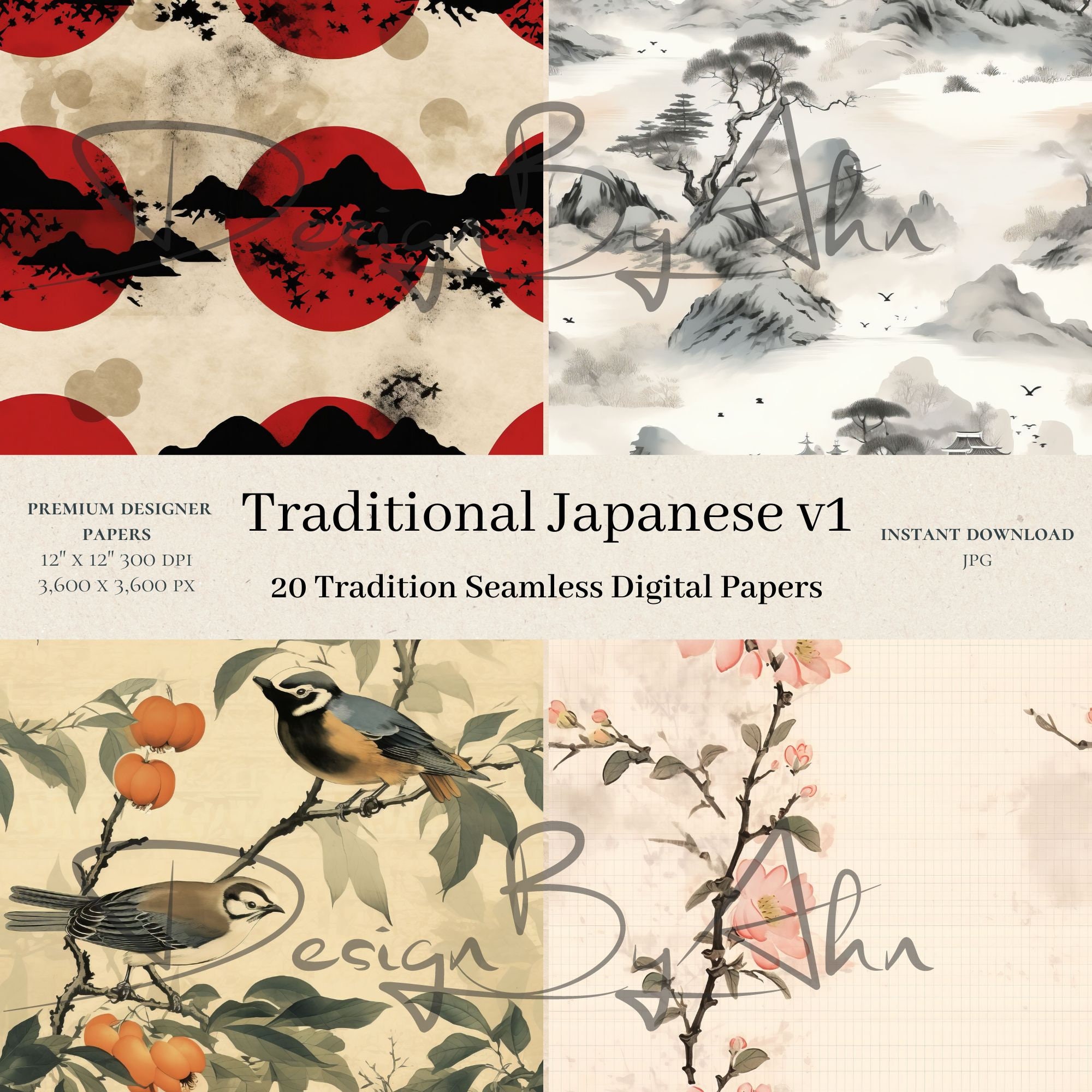20 Traditional Japanese Digital Papers Grunge Scrapbook, Seamless ...