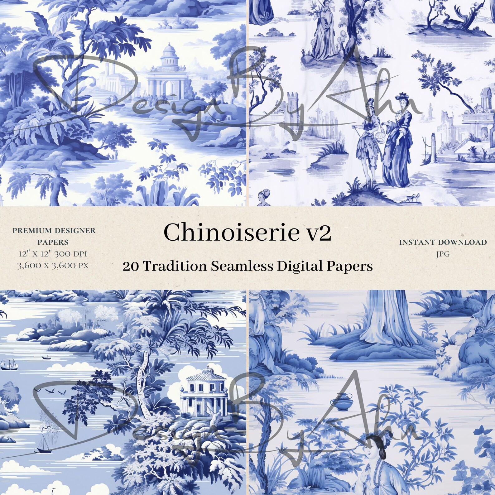 20 Chinoiserie Digital Papers - Flower Scrapbook, Seamless Digital ...