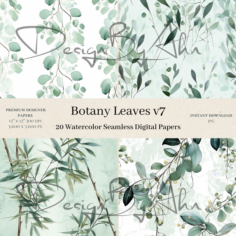 20 Botany Leaves Digital Papers - Eucalyptus Scrapbook, Flower Seamless ...