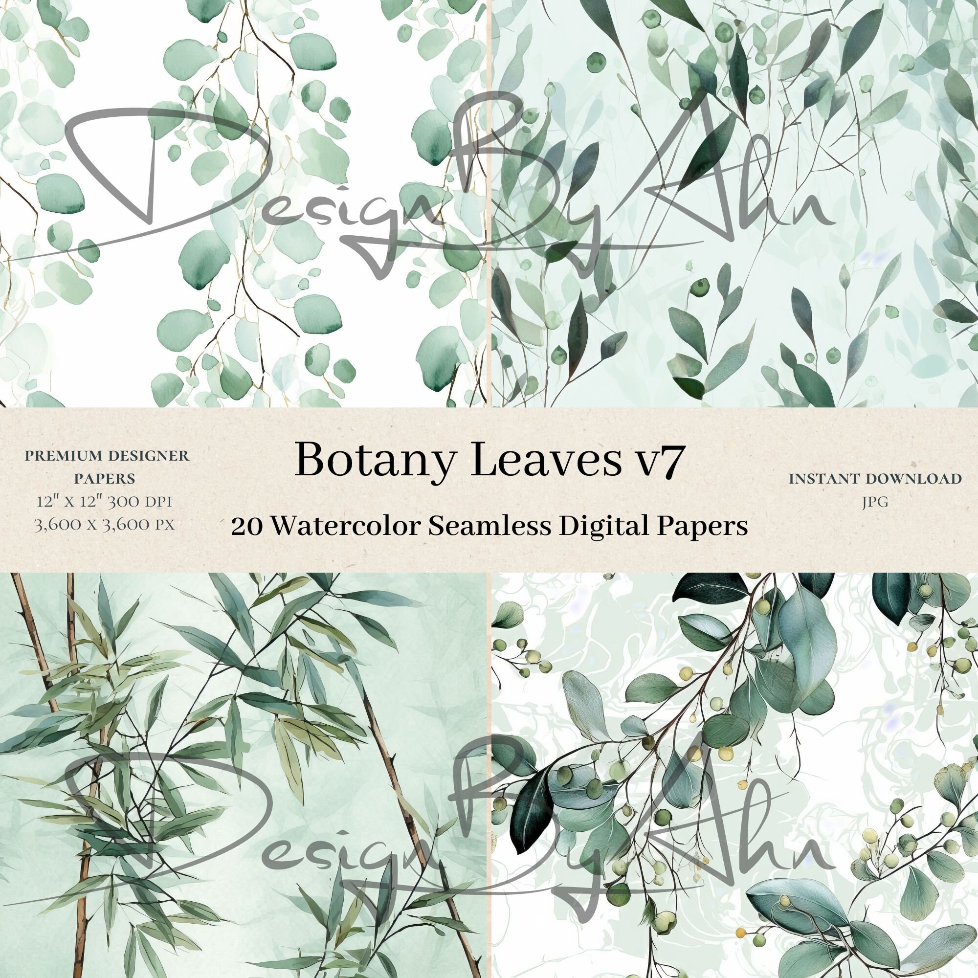 20 Botany Leaves Digital Papers - Eucalyptus Scrapbook, Flower Seamless ...