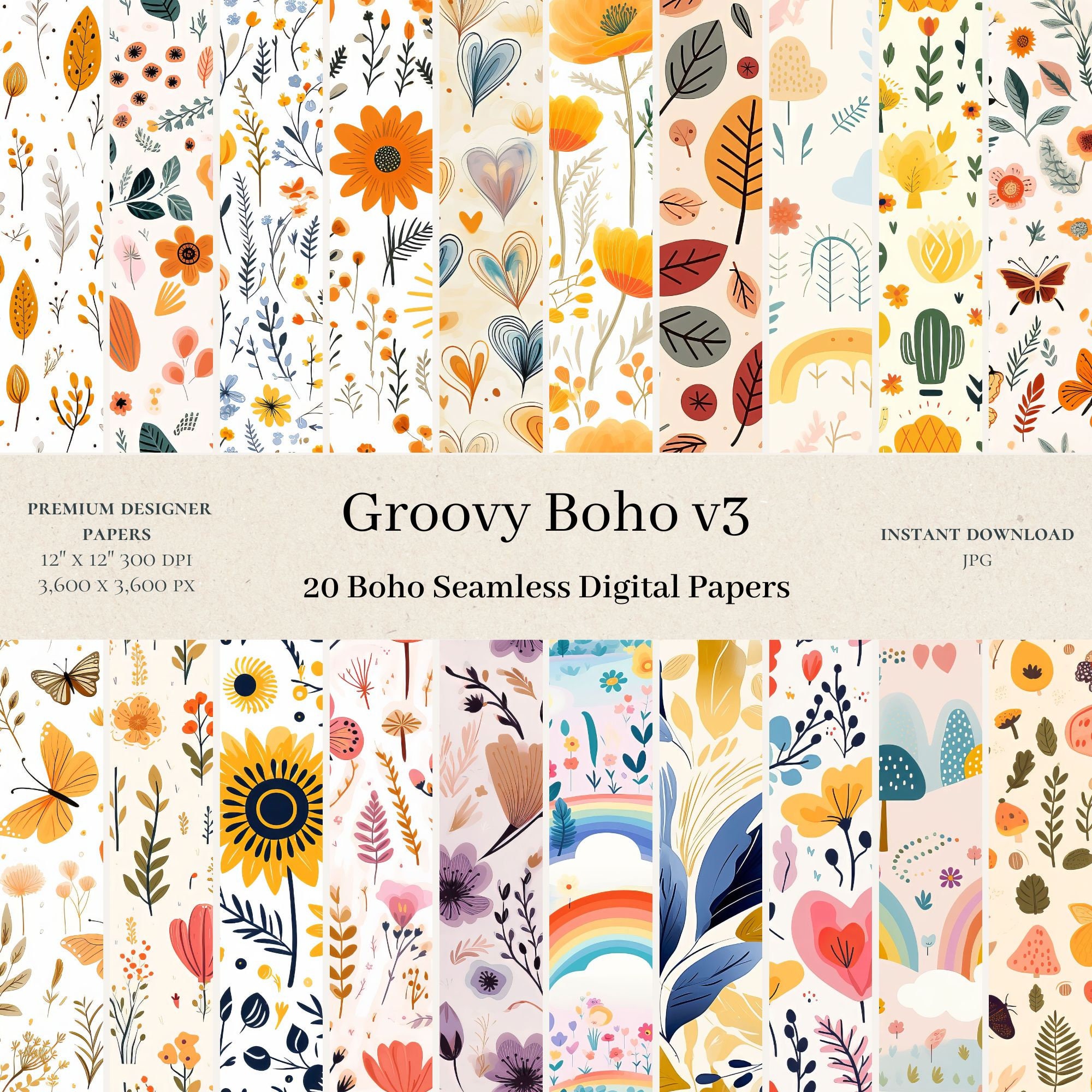 20 Groovy Boho Digital Papers - Commercial Use, Seamless Pattern, Boho ...