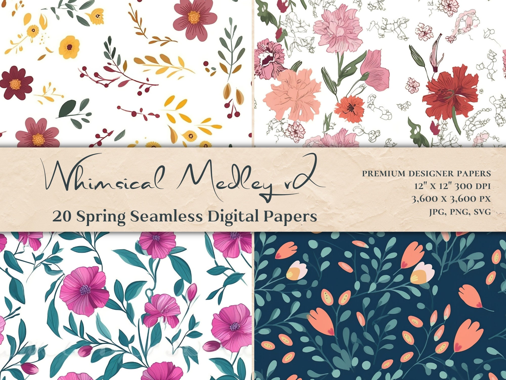 20 Whimsical Medley Digital Papers Flowers Seamless Pattern, Floral ...