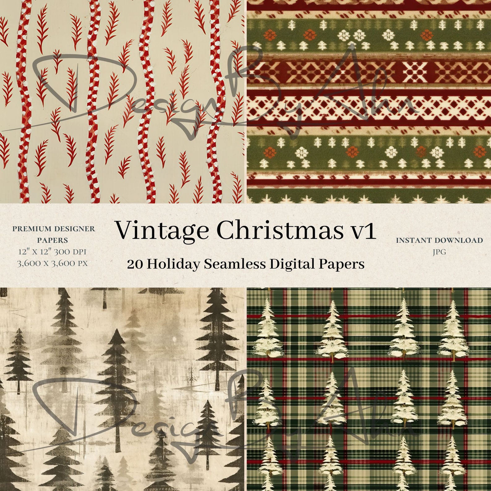 20 Vintage Christmas Digital Papers - Plaid Seamless Pattern, Festive ...