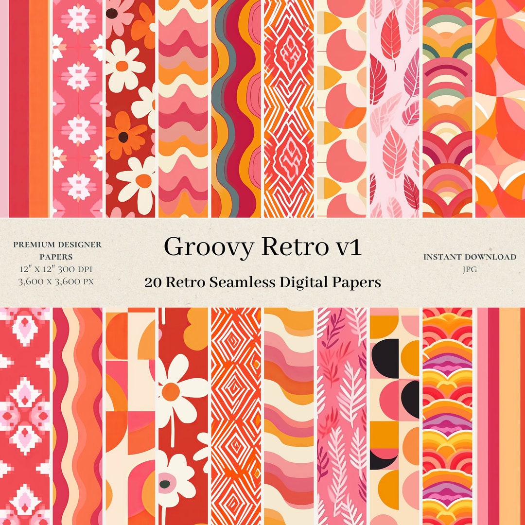 20 Groovy Retro Digital Papers - 70s Pattern Scrapbook, Pink & Orange ...