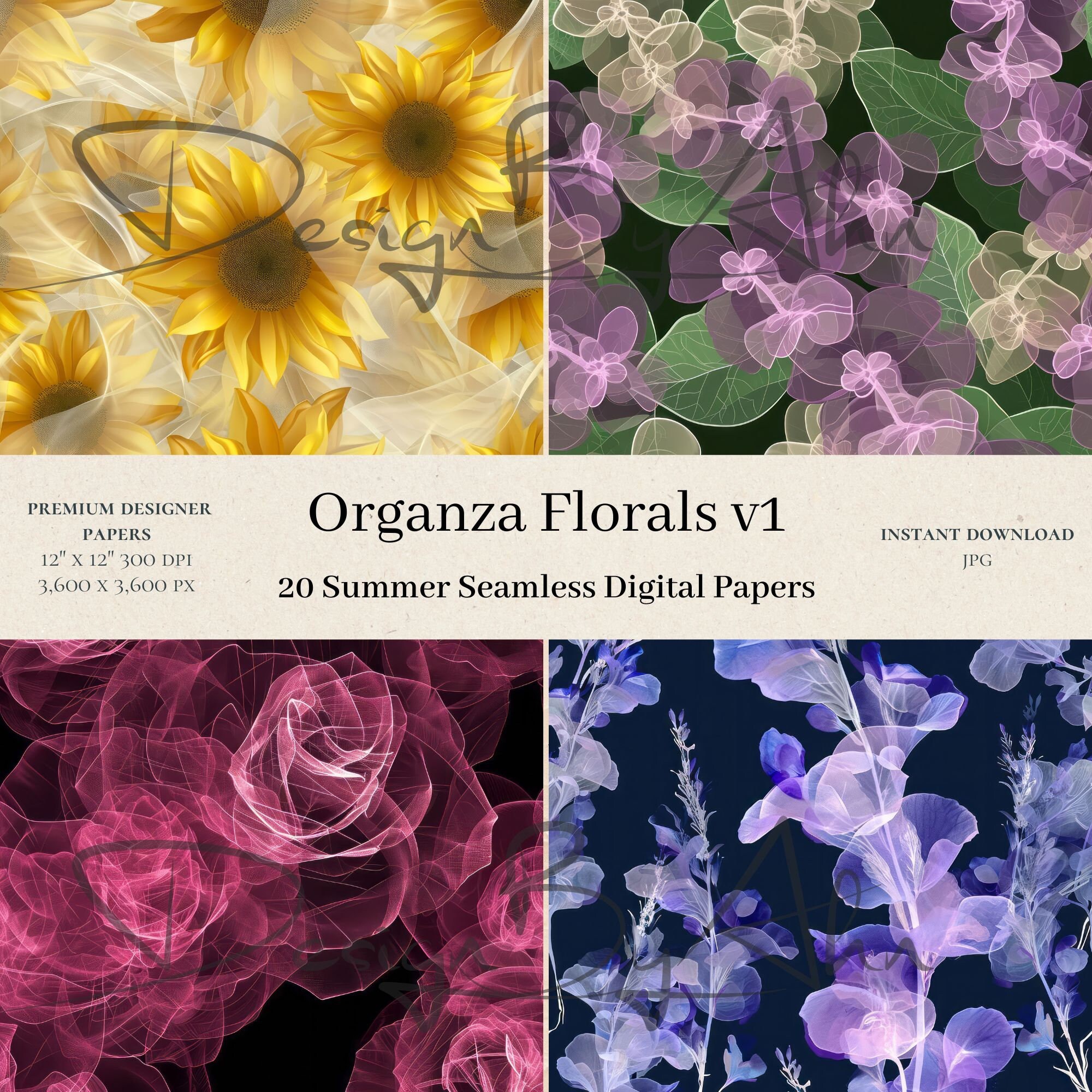 20 Organza Floral Digital Papers Flower Seamless Pattern, Floral Paper ...