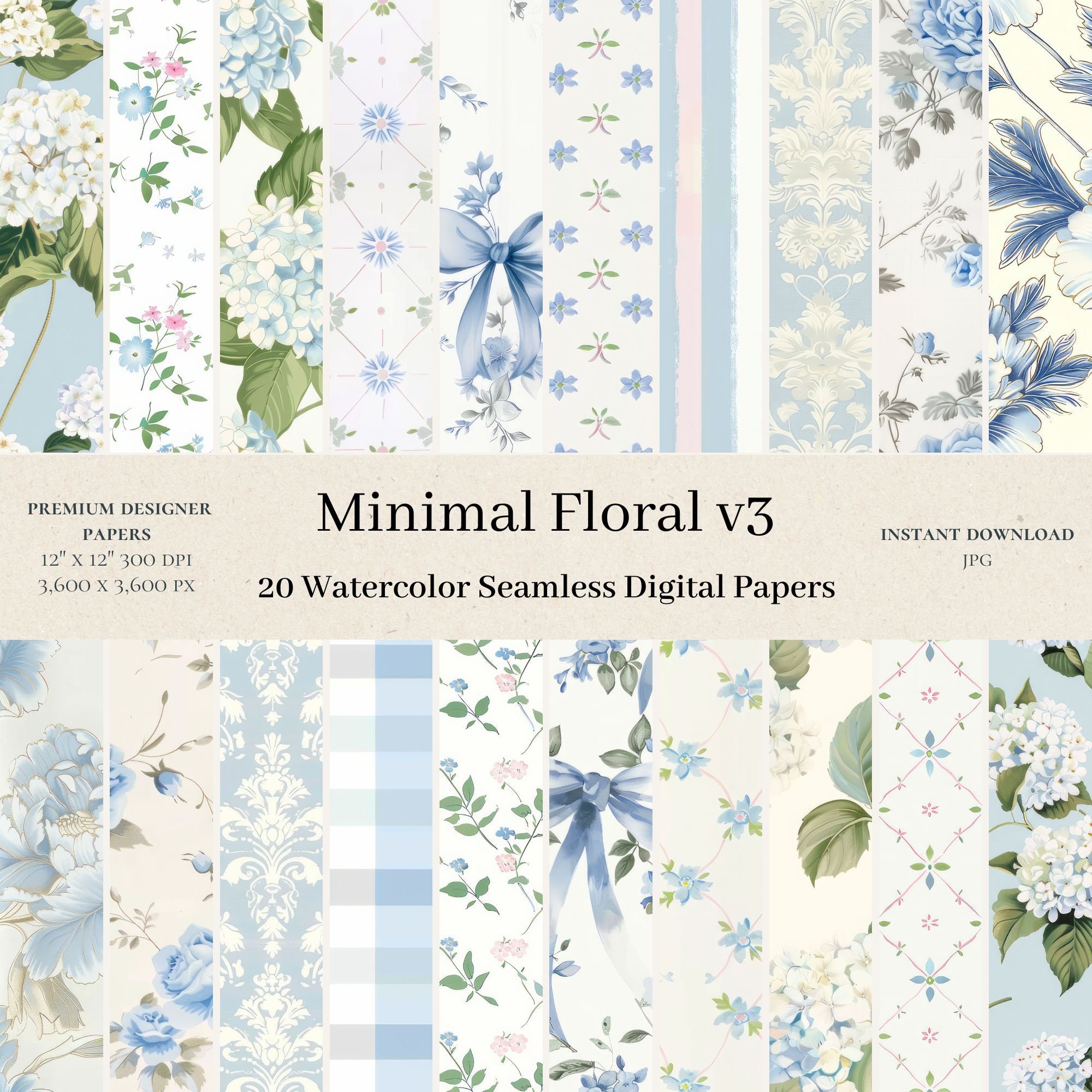 20 Minimal Floral Digital Papers - Flower Scrapbook, Watercolor ...