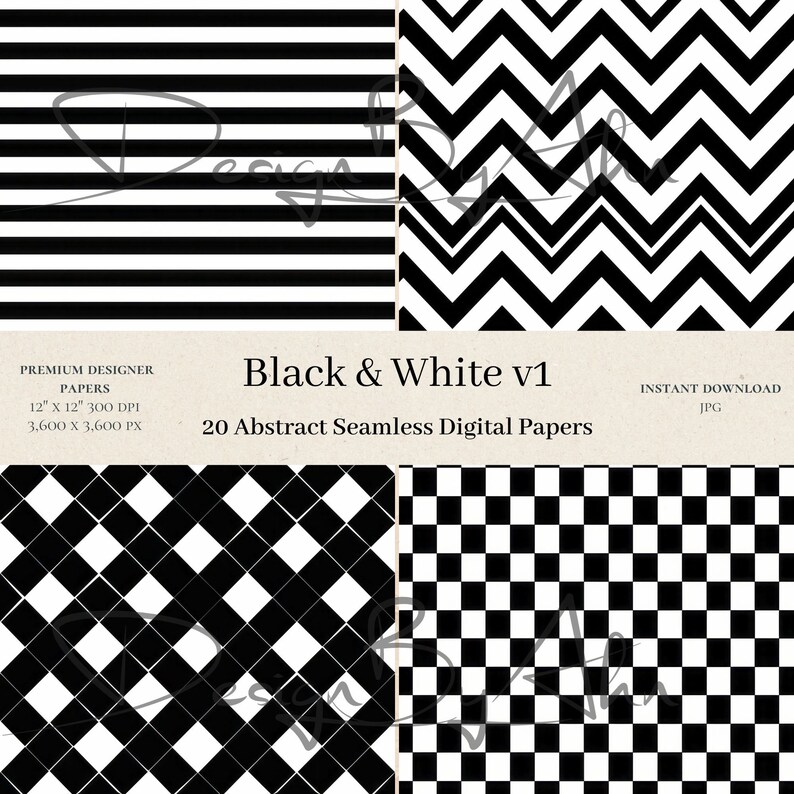 20 Black & White Digital Papers - Geometric Scrapbook, Seamless Digital ...