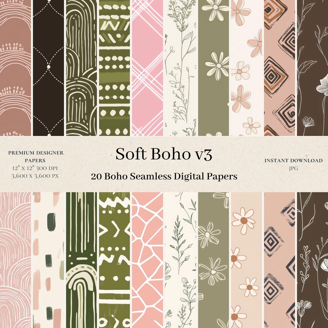20 Soft Boho Digital Papers - Modern Seamless Repeat Pattern, Printable ...