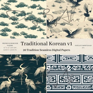 20 Traditional Korean Digital Papers - Hand-drawn Scrapbook, Seamless ...