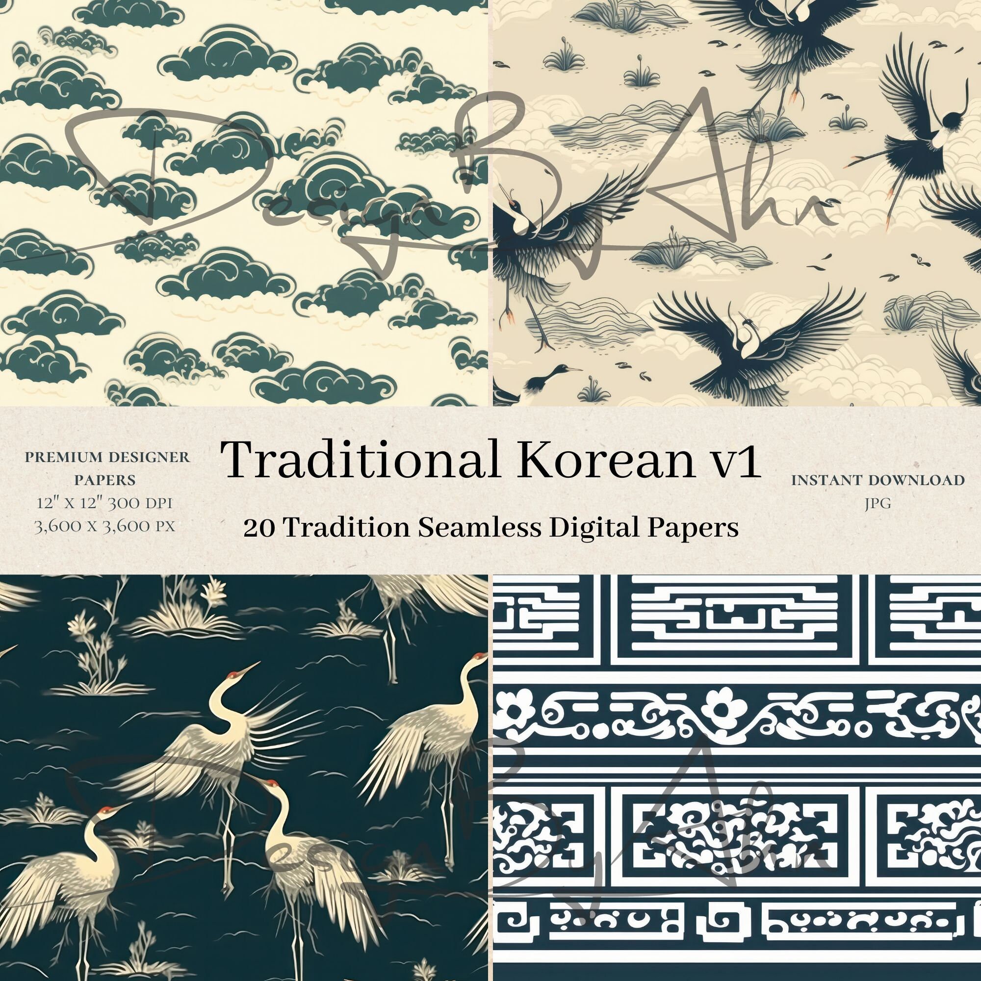 20 Traditional Korean Digital Papers - Hand-drawn Scrapbook, Seamless ...