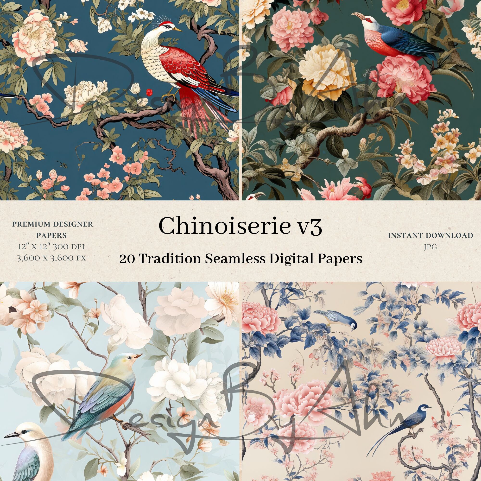 20 Chinoiserie Digital Papers Flower Scrapbook, Seamless Digital Paper ...