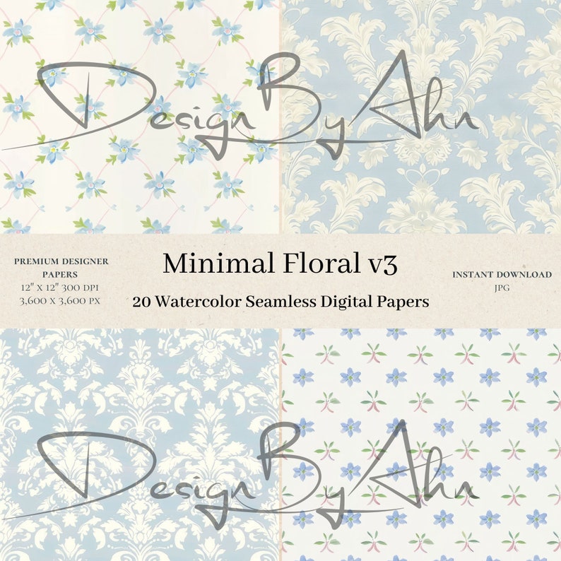 20 Minimal Floral Digital Papers Flower Scrapbook, Watercolor Seamless ...