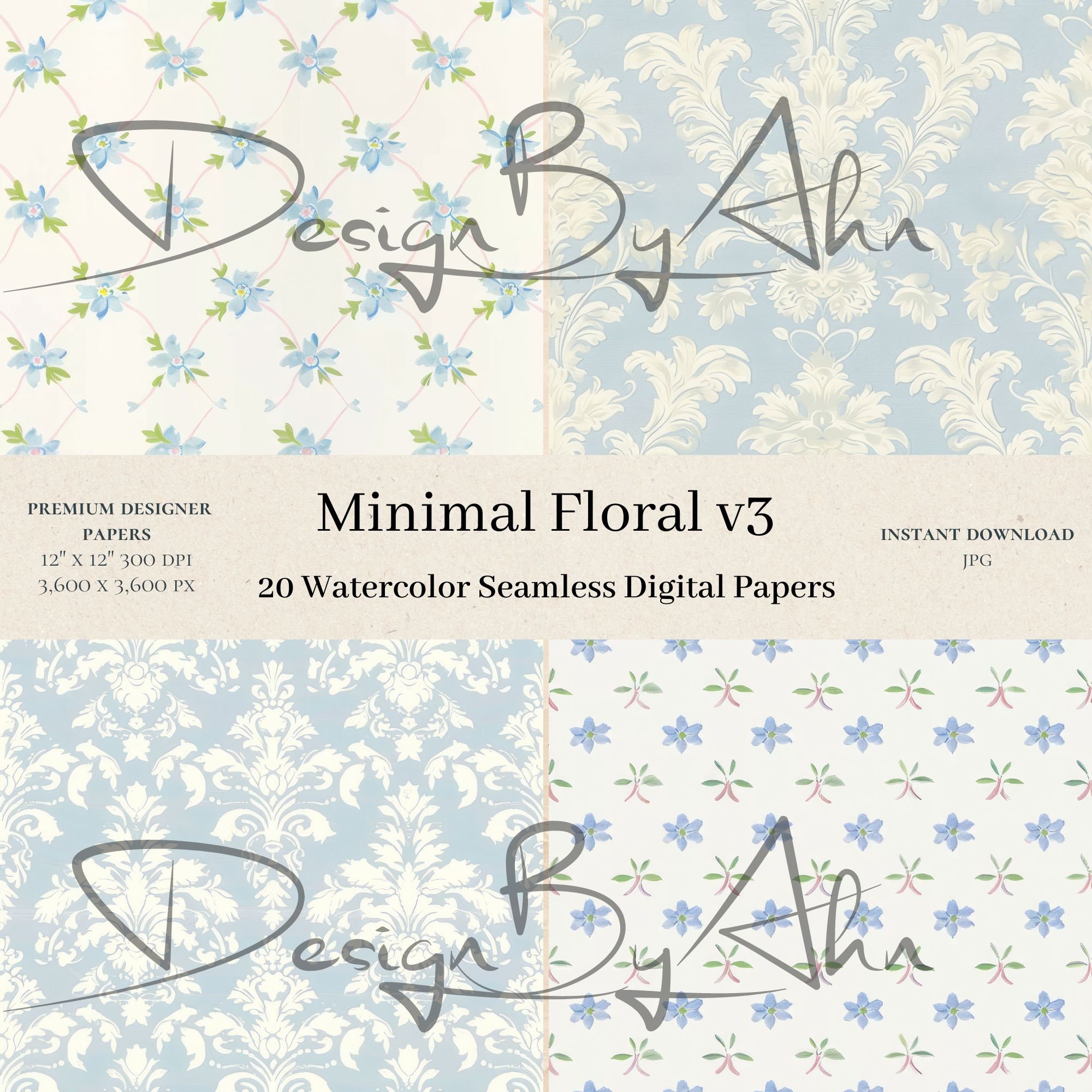 20 Minimal Floral Digital Papers Flower Scrapbook, Watercolor Seamless ...