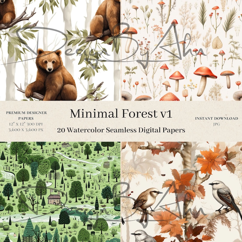 20 Minimal Forest Digital Papers - Watercolor Seamless Pattern, Junk ...