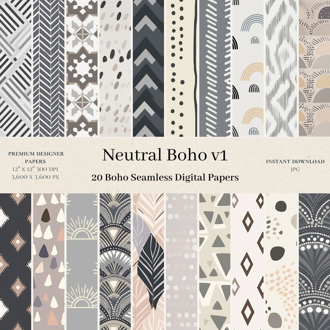 20 Neutral Boho Digital Papers - Doodle Seamless Pattern, Trendy ...