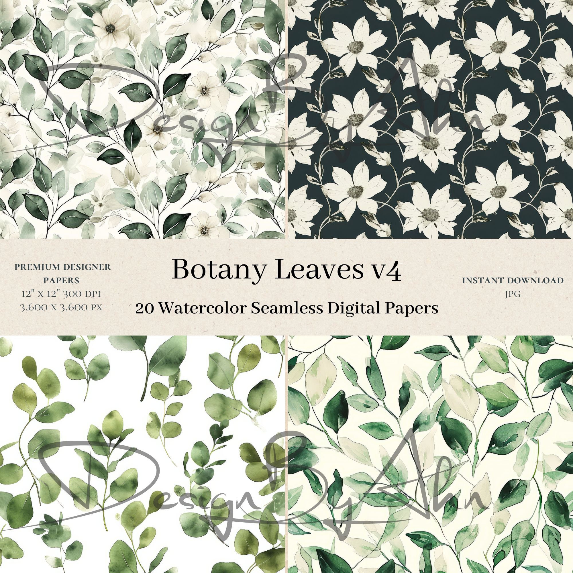 20 Botany Leaves Digital Papers Watercolor Scrapbook, Greenery Digital ...