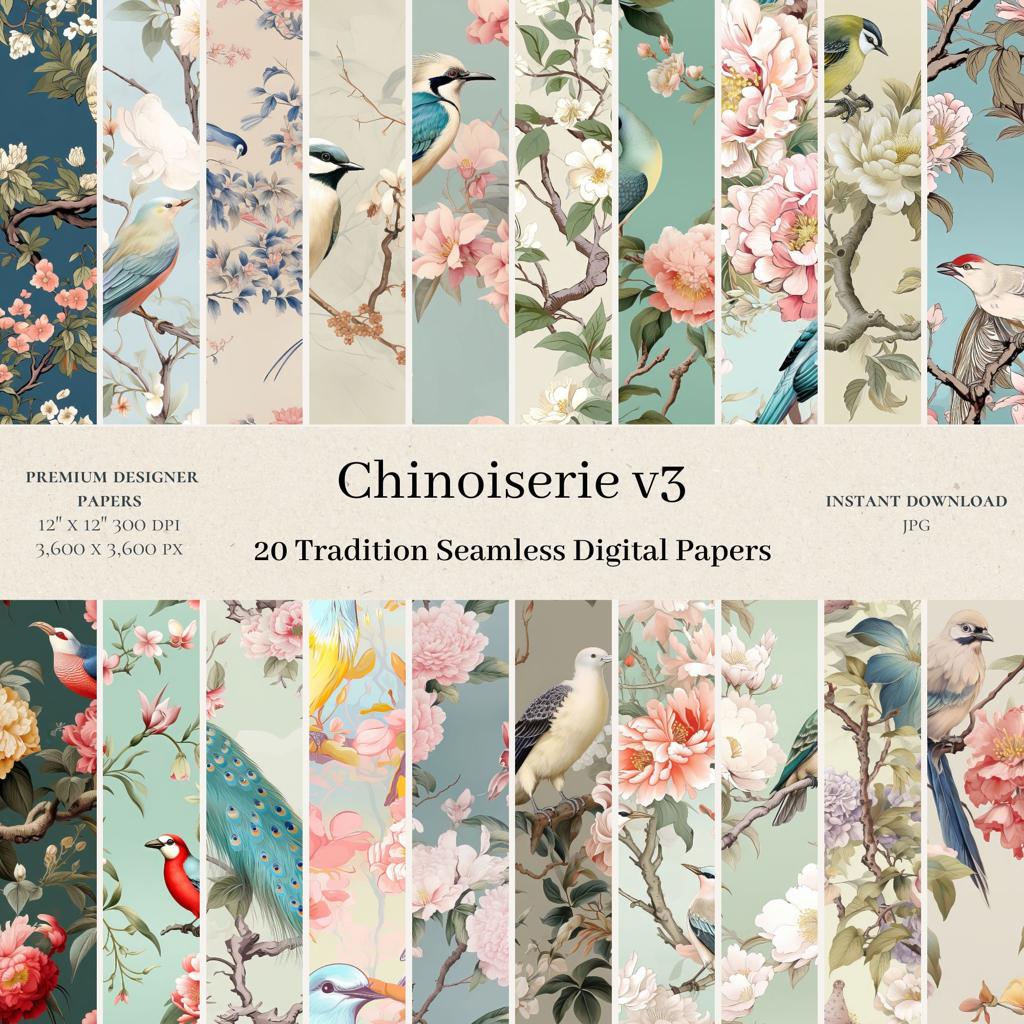 20 Chinoiserie Digital Papers - Flower Scrapbook, Seamless Digital ...