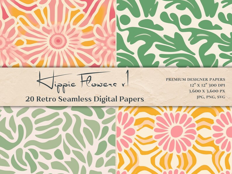 20 Hippie Flowers Digital Papers Seamless Patterns - Etsy