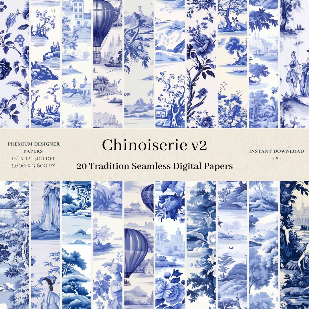 20 Chinoiserie Digital Papers - Flower Scrapbook, Seamless Digital ...