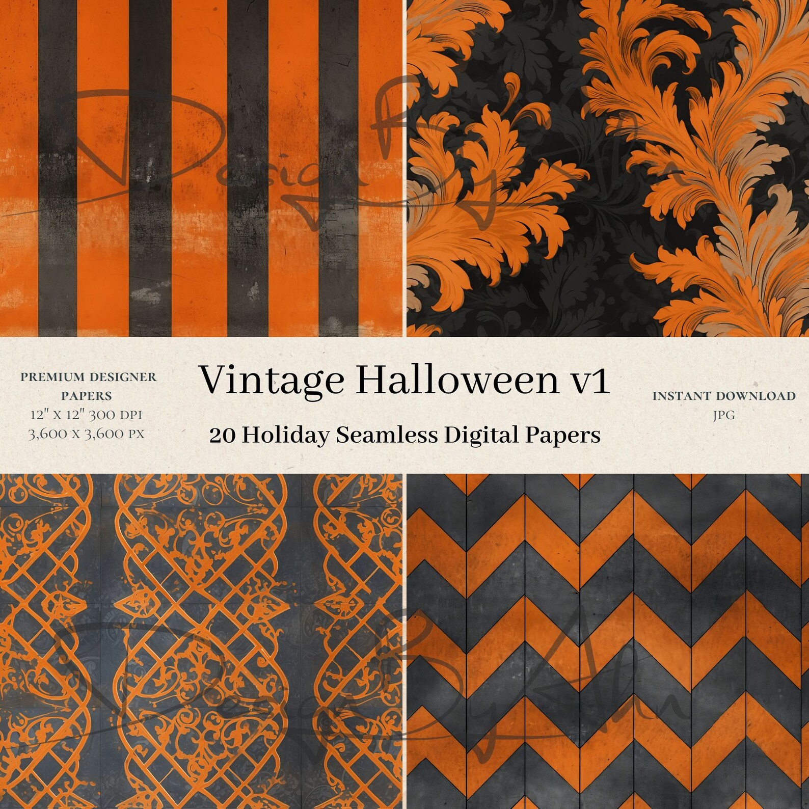20 Vintage Halloween Digital Papers - Gothic Seamless Pattern, Black ...