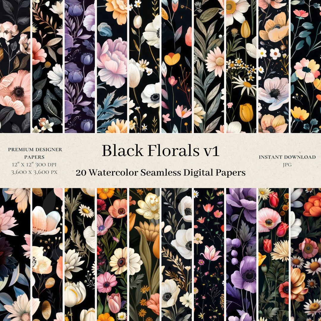 20 Black Florals Digital Papers - Watercolor Seamless Digital Paper ...