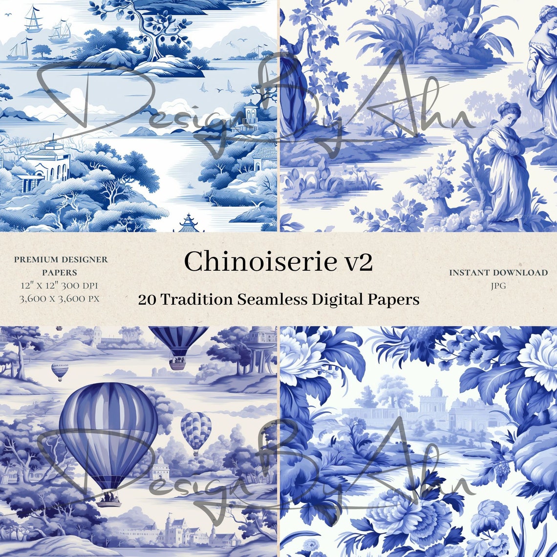 20 Chinoiserie Digital Papers Flower Scrapbook, Seamless Digital Paper ...