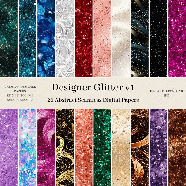 20 Designer Glitter Digital Papers - Rainbow Scrapbook, Seamless ...