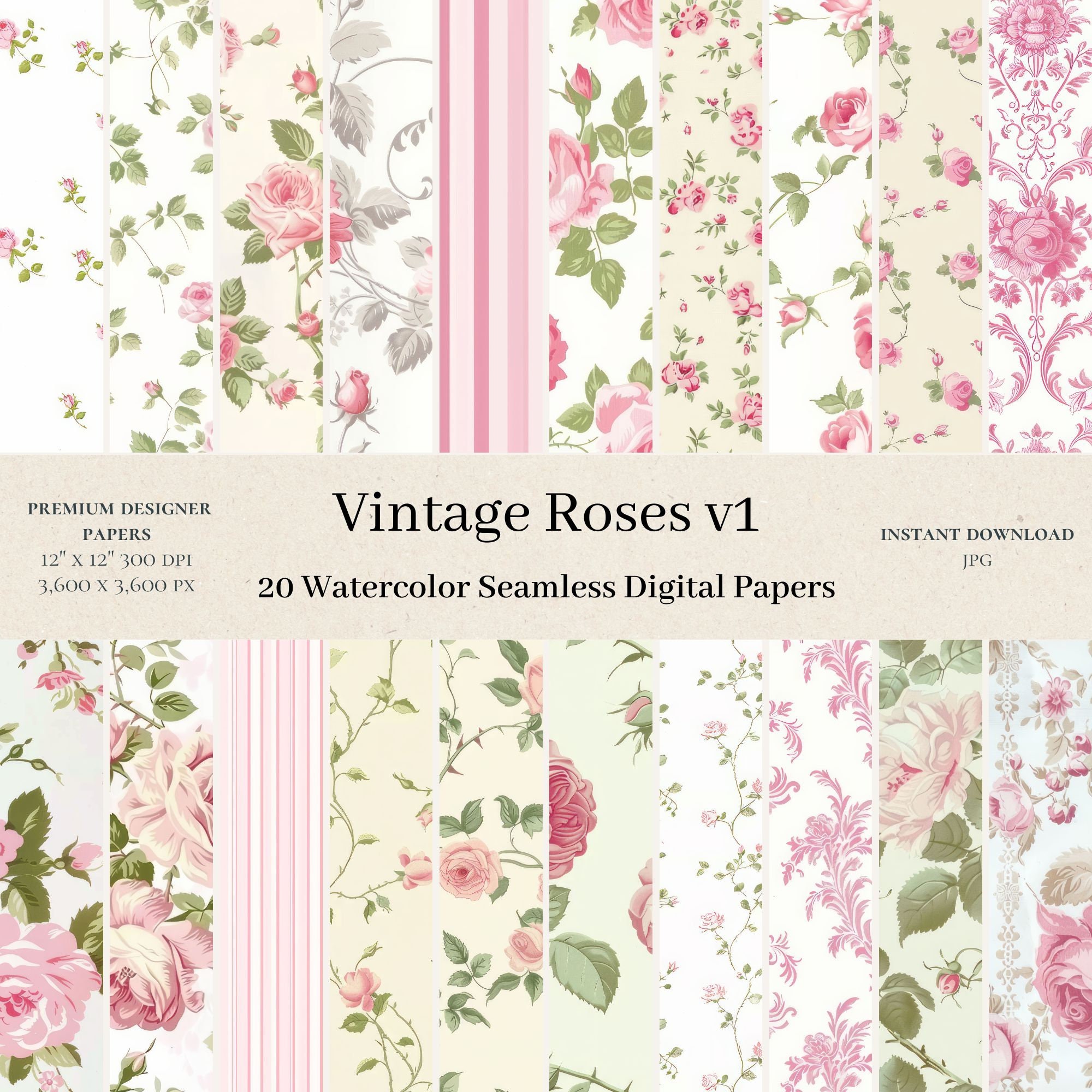 20 Vintage Roses Digital Papers - Pink Roses Seamless Digital Paper ...