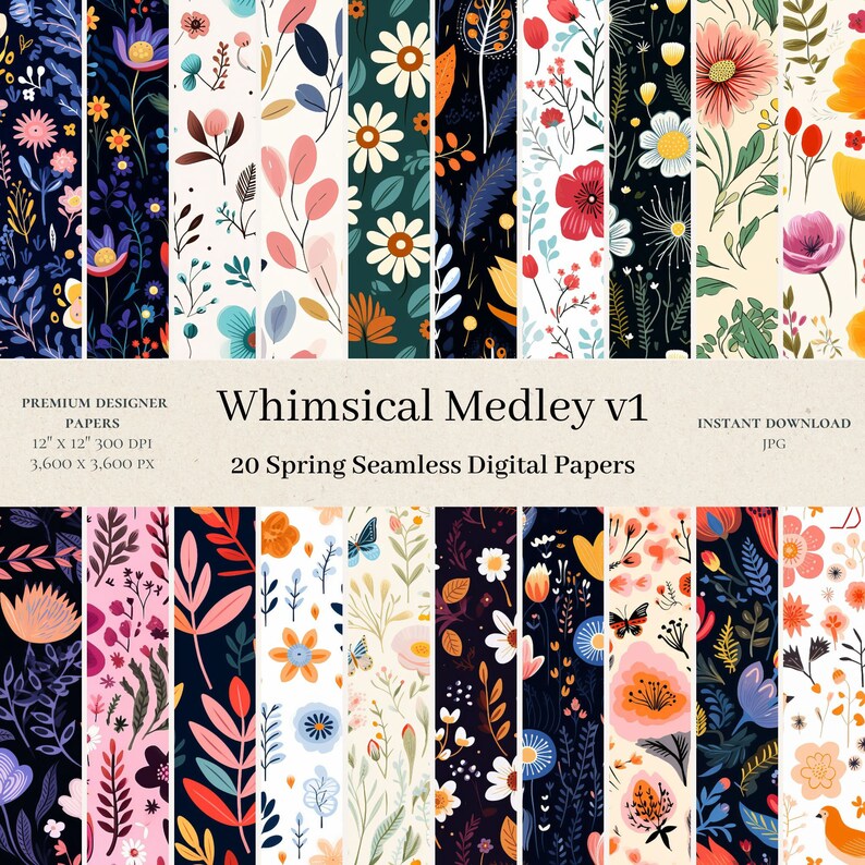 20 Whimsical Medley Digital Papers Flowers Seamless Pattern, Floral ...